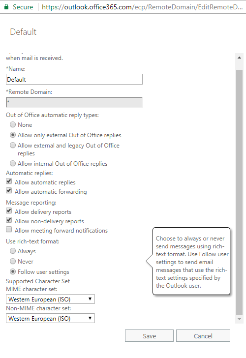 The remote domains tab - Mastering Office 365 Administration [Book]