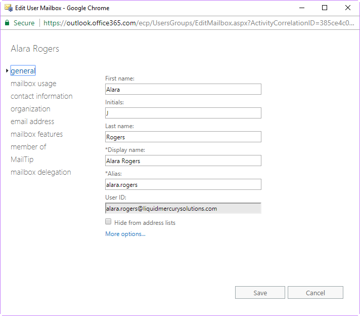 Editing the user mailbox - Mastering Office 365 Administration [Book]